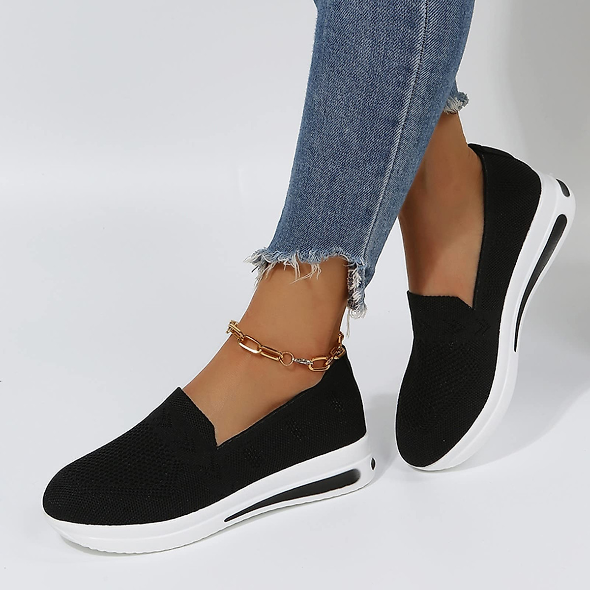 Slip On Sneakers Women Mesh Knit, Ladies Fashion Solid Color Mesh Breathable Thick Sole Comfortable Casual Future Foam 3 F-Black