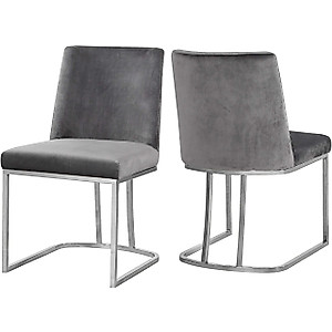 Meridian Furniture Heidi Collection Modern | Contemporary Velvet Upholstered Dining Chair with Polished Chrome Metal Frame, Set of 2, 19" W x 23" D x 32" H, Grey