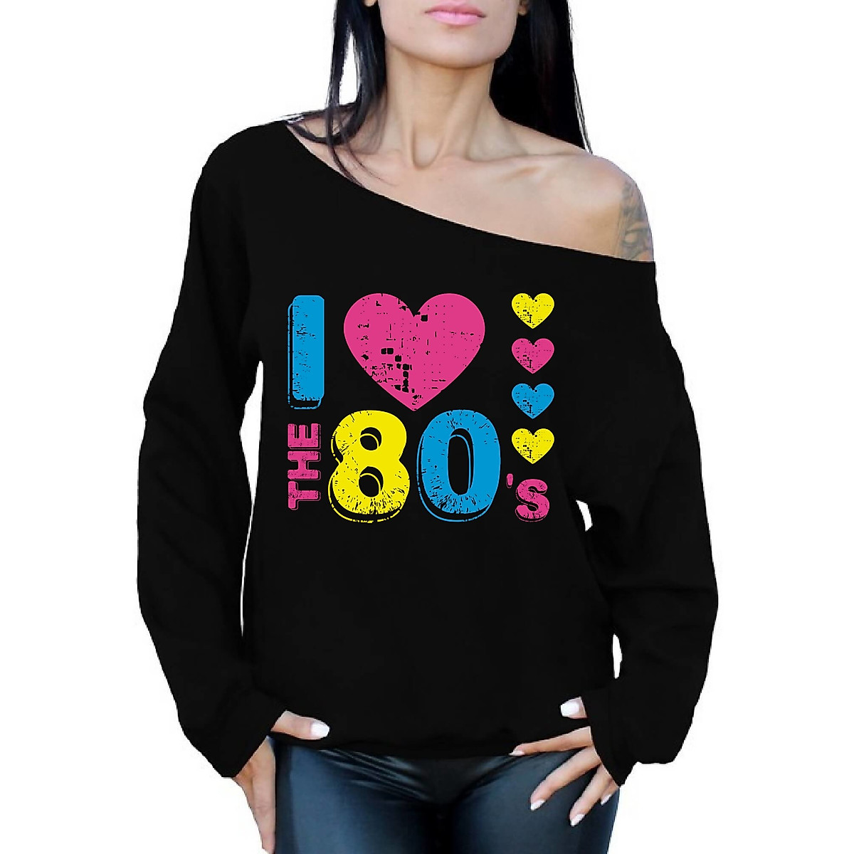 Awkward Styles Women's I Love The 80's Off The Shoulder Sweatshirt for 80's Fans + Sticker Gift (XL, Black)