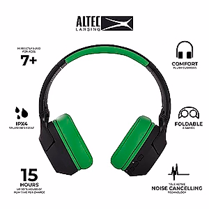 Altec Lansing Kid Safe Noise Cancelling Wireless Headphones 15H Battery, 85dB Volume Limit, Foldable Design Powerful Sound, Active Noise Cancellation Perfect for Kids Ages 7+ (Blackout Green)