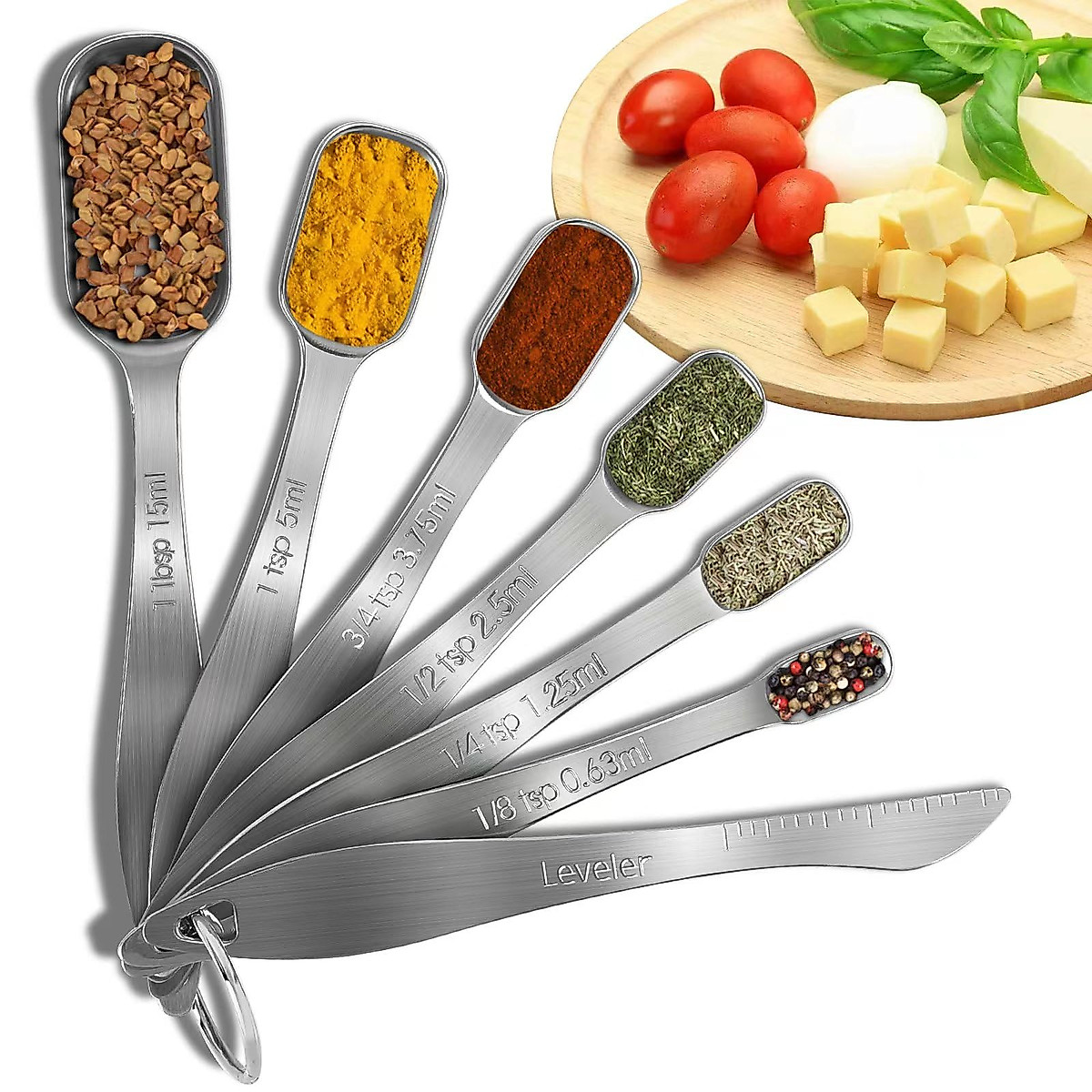 Stainless Steel Measuring Spoons, Premium Heavy Duty Metric Small Tablespoon 7-piece set：1/8 tsp, 1/4 tsp, 1/2 tsp, 3/4 tsp, 1 tsp & 1 tbsp-for Dry or Liquid, Fits in Spice Jar, Including Leveler
