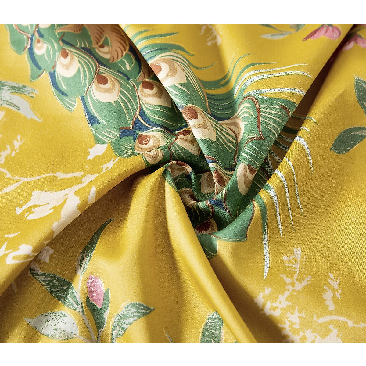 Eikei Chinoiserie Chic Peacock Floral Duvet Cover Paradise Garden Botanical Bird and Tree Branches Vintage Stylized Long Staple Cotton Bedding Set (Queen, Citrine)