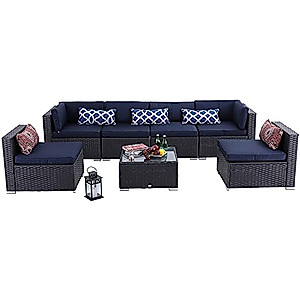 PHI VILLA 7-Piece Outdoor Rattan Sectional Sofa All Weather Patio Wicker Furniture Set Lawn Conversation Sets Cushioned Garden Sofa Set (Blue)
