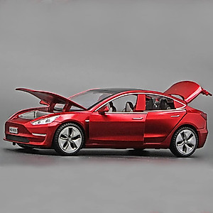 1:32 Scale Model 3 Car Toy Pull Back with Sound and Light, Alloy Diecast Mini Vehicles Toys for Kids Gift or Tesla Car Model Collection Enthusiasts Gift (Brilliant Red)