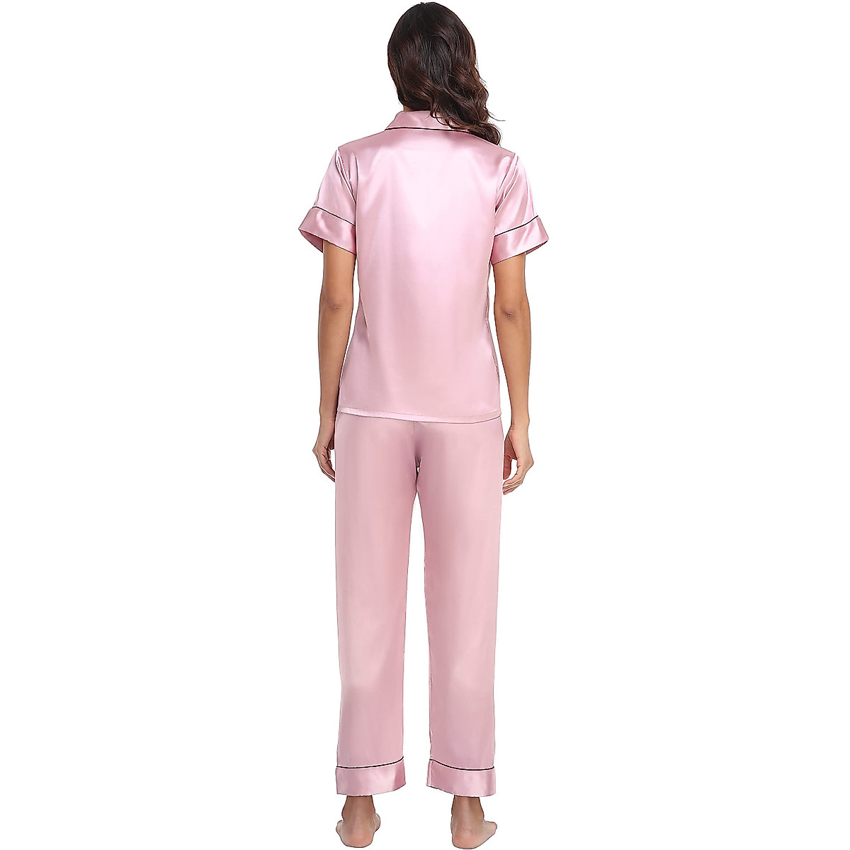 goodmansam Women's Satin Pajamas Set 2 Piece Pj Set Sleepwear Notch Collar Short Sleeve T-Shirt Button-Down Loungewear with Long Pants Pink Small