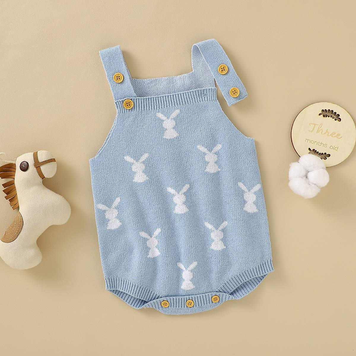 Baby Girl Boy Easter Bunny Romper Sleeveless Knitted Bodysuit Jumpsuit My 1st Easter Outfit Cute Clothes (Rabbit Onesie- Blue, 6-12 Months)