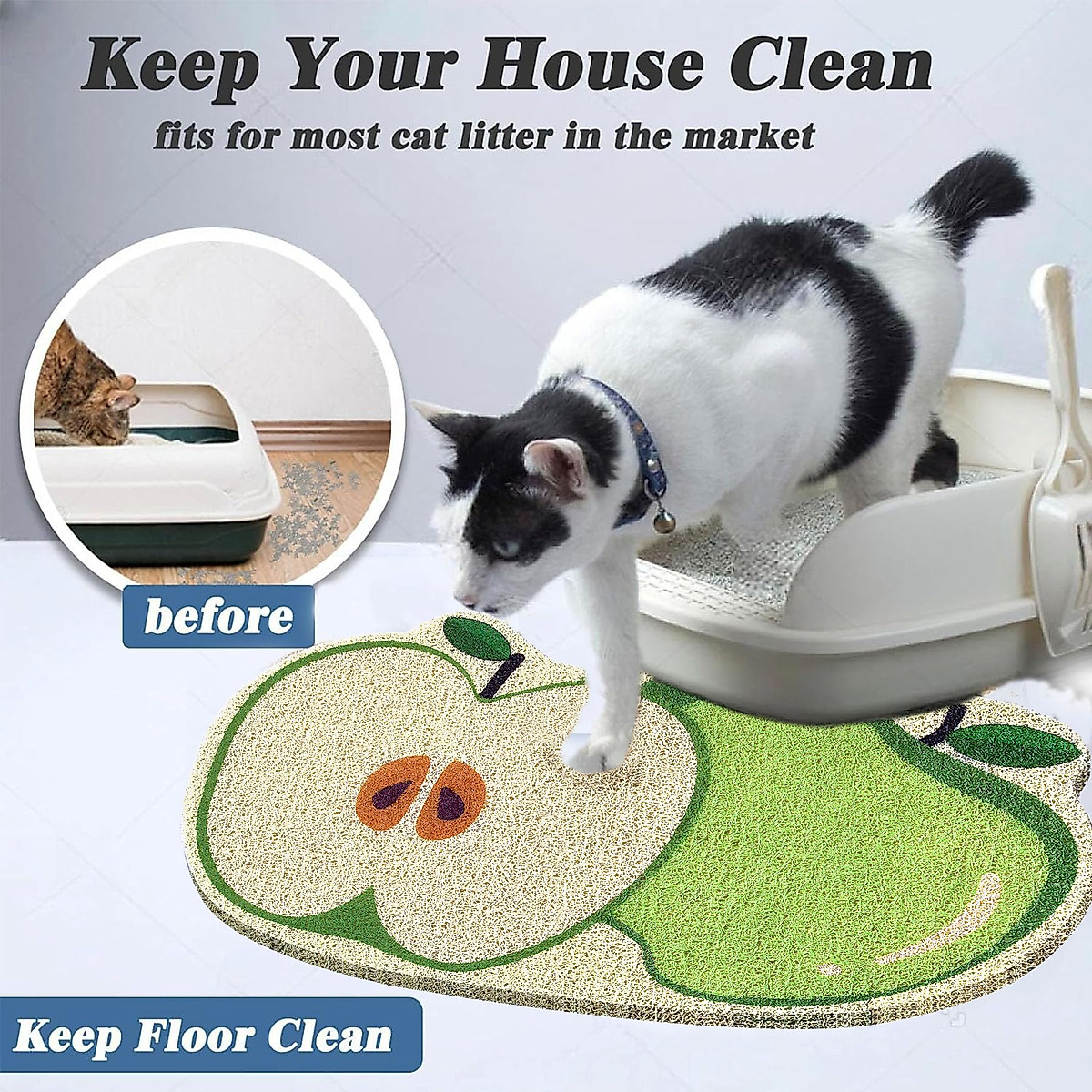 JSNTORIH Cute Cat Litter Trapping Mat 24”x16”, Traps Mess from Litter Box and Pet Food Bowl, Soft on Kitty Paws, Easy Clean, Kitten Litter Box Mat (Apple)…
