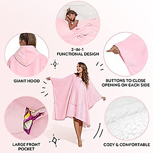 BALEINEHOME Oversized Wearable Blanket Hoodie, Thick Sherpa Fleece Super Warm Blanket Sweatshirt with Buttons and Giant Pocket, for Women and Men (Pink, Button)