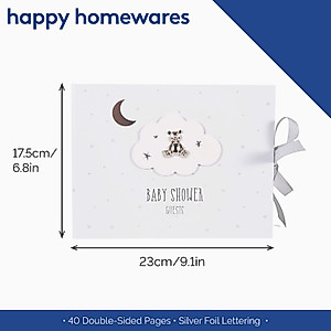 Happy Homewares Beautiful Ivory White Baby Shower Guest Book with Silver Plated Teddy Bear and Stars | 40 Lined Sheets | Luxurious Grey Fabric Ribbon