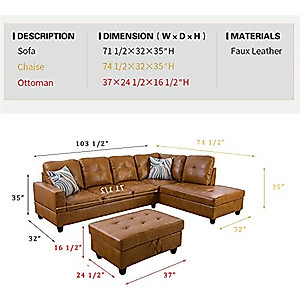A Ainehome L-Shape Sectional Sofa Set, Ginger, Right Hand Facing, Tufted Leather, Storage Ottoman, Toss Pillows