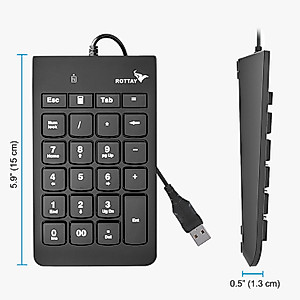 Rottay Backlit Number Pad, Wired Numeric Keypad Silent Keyboard Extensions External 10 Key USB Keypad for Laptop & PC