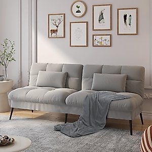 COMHOMA Convertible Sofa Bed, 68″Fabric Couch with Adjustable Backrest, Loveseat Recliner Sleeper Living Room Furniture futon Set, Grey