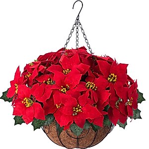 Artificial Flowers with Hanging Basket for Outdoor Indoor, Hanging Plant Silk Geranium in Basket Faux Flower Arrangement for Garden Yard Pouch Patio Indoor Home Decoration (Orange Geranium)