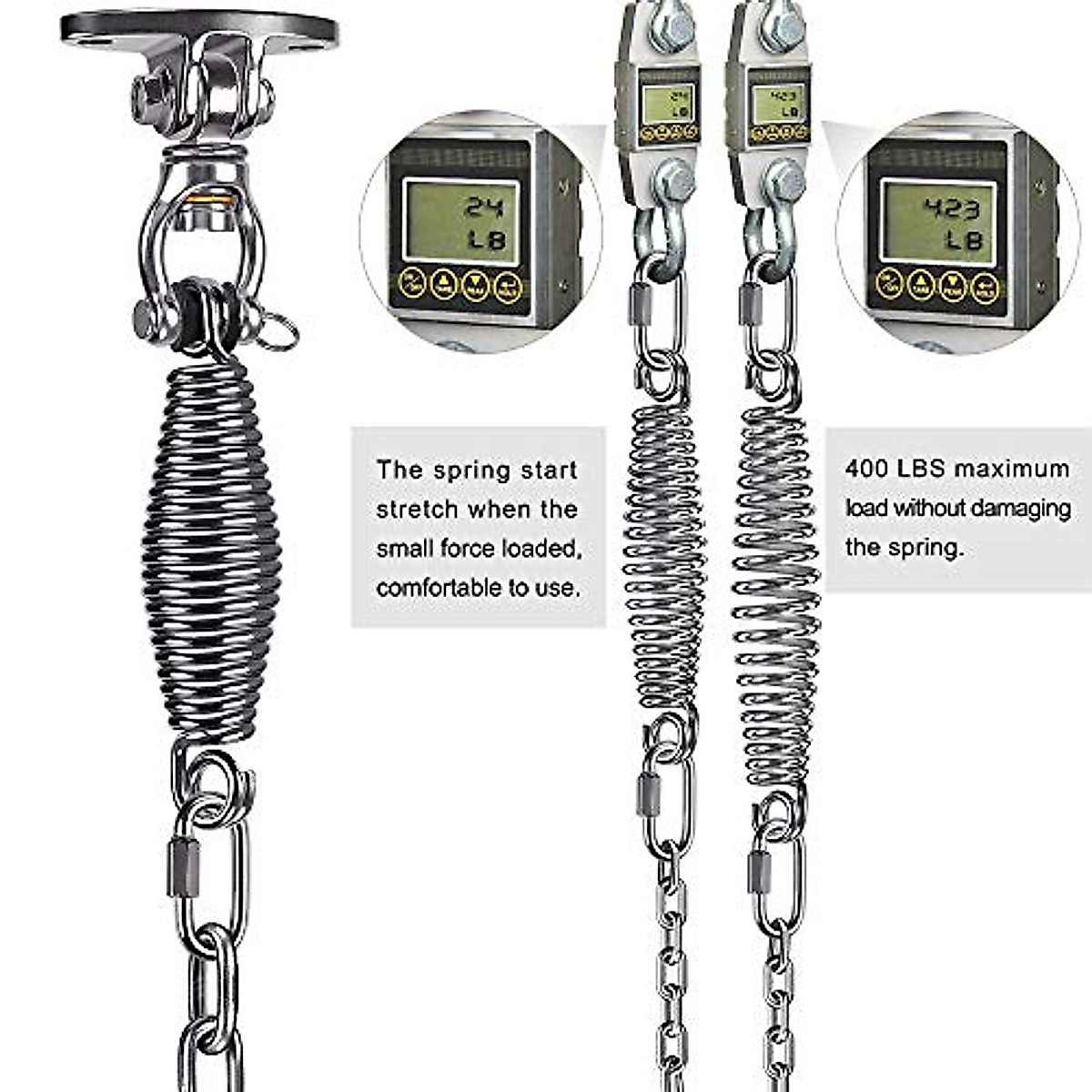 SELEWARE Stainless Steel Swivel Hanger with Heavy Duty Spring, Iron Chain and Bolts, Ceiling Mount for Hanging Indoor Swing, Hammock Chair, Heavy Punching Bag
