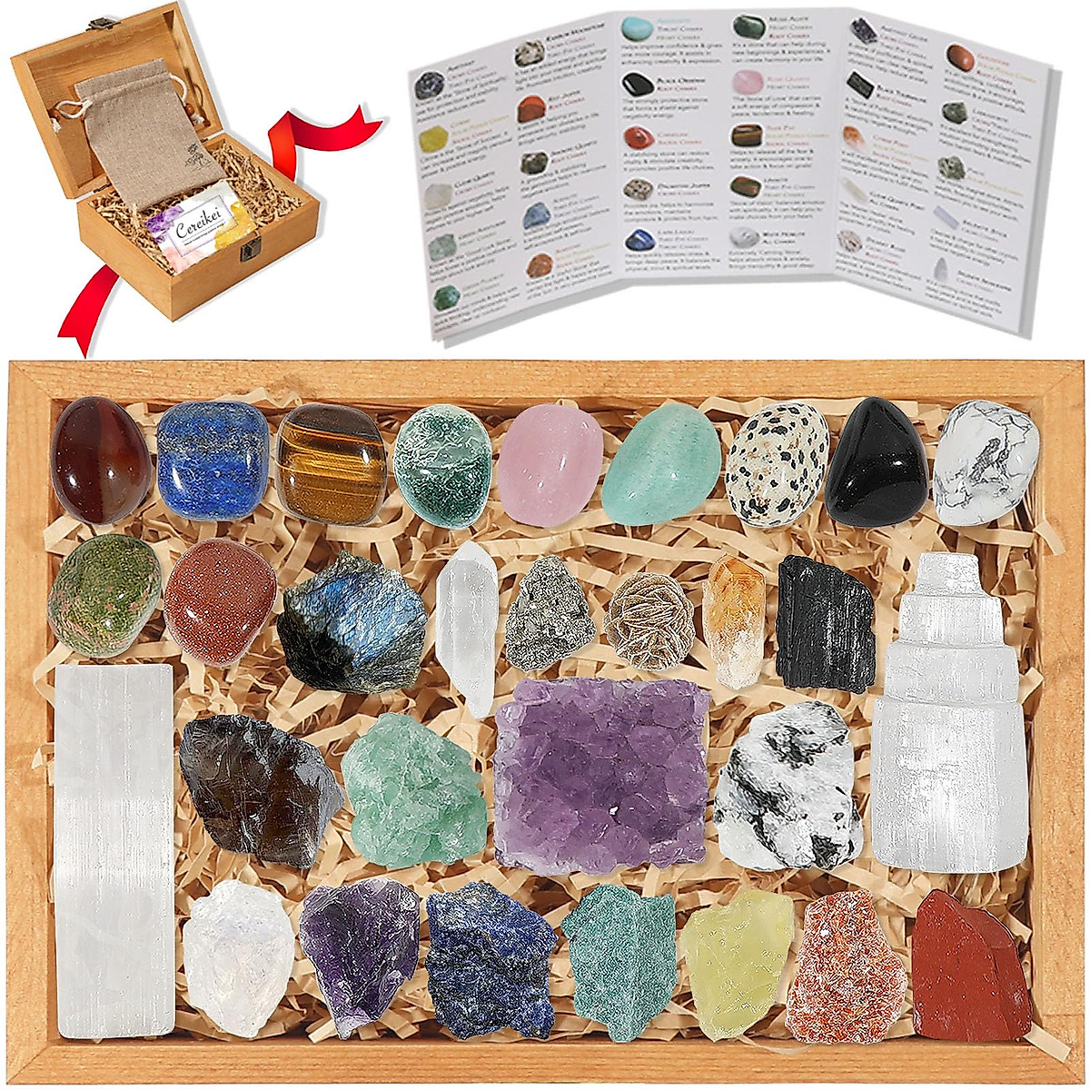 30 PCS Crystals and Stones Set - Natural Raw Healing Crystals & Tumbled Chakra Stones, Premium Protection Crystals Gift Kit Display in Wooden Box + Info Guide