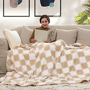 Cozy Bliss Beige Checkered Throw Blanket Ultra Soft Warm MilkyPlush™ Fleece Blanket Checkerboard Grid Plush Blanket for Couch Bed Sofa, Beige 50"x60"