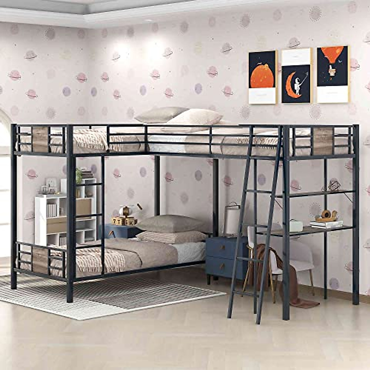 Cotoala Metal Triple Bunk Bed with Desk and Shelf, L-Shaped Bunkbed Attached Twin Size Loft Bedframe, for 3 Kids/Teens/Adults, Brown
