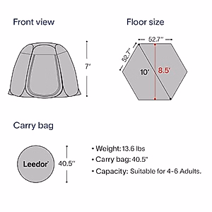 Leedor 10' x 10' Decor Tent Event Tent Pop Up Outdoor Tent Canopy Parties，Four Season Tent Hexagon Patio Tent，UPF 50+ Backyard Family Tent，Lightweight，Easy Setup(Gray，Not Waterproof) (9220G6)