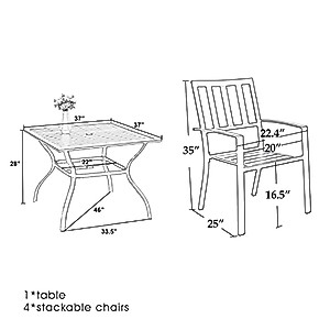 MFSTUDIO 5 Piece Metal Patio Dining Sets Outdoor Club Bistro Bar Sets with 1.57” Umbrella Hole, 4 Garden Backyard Metal Chairs and Larger Square Patio Table, Steel Slat Frame, Black …