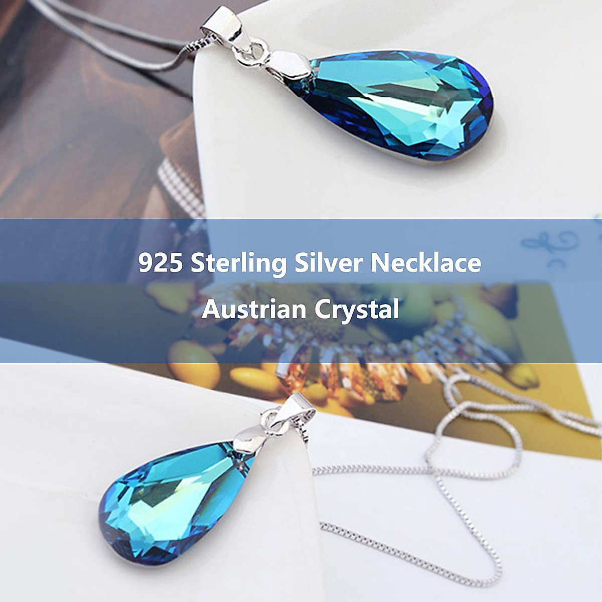 Preserved Blue Rose Box with Crystal Drop Necklace,Real Eternal Rose with S925 Sterling Silver Teardrop Sapphire Necklace,Blue Birthstone Pendant Gift for women on Valentine Anniversary Mothers day.