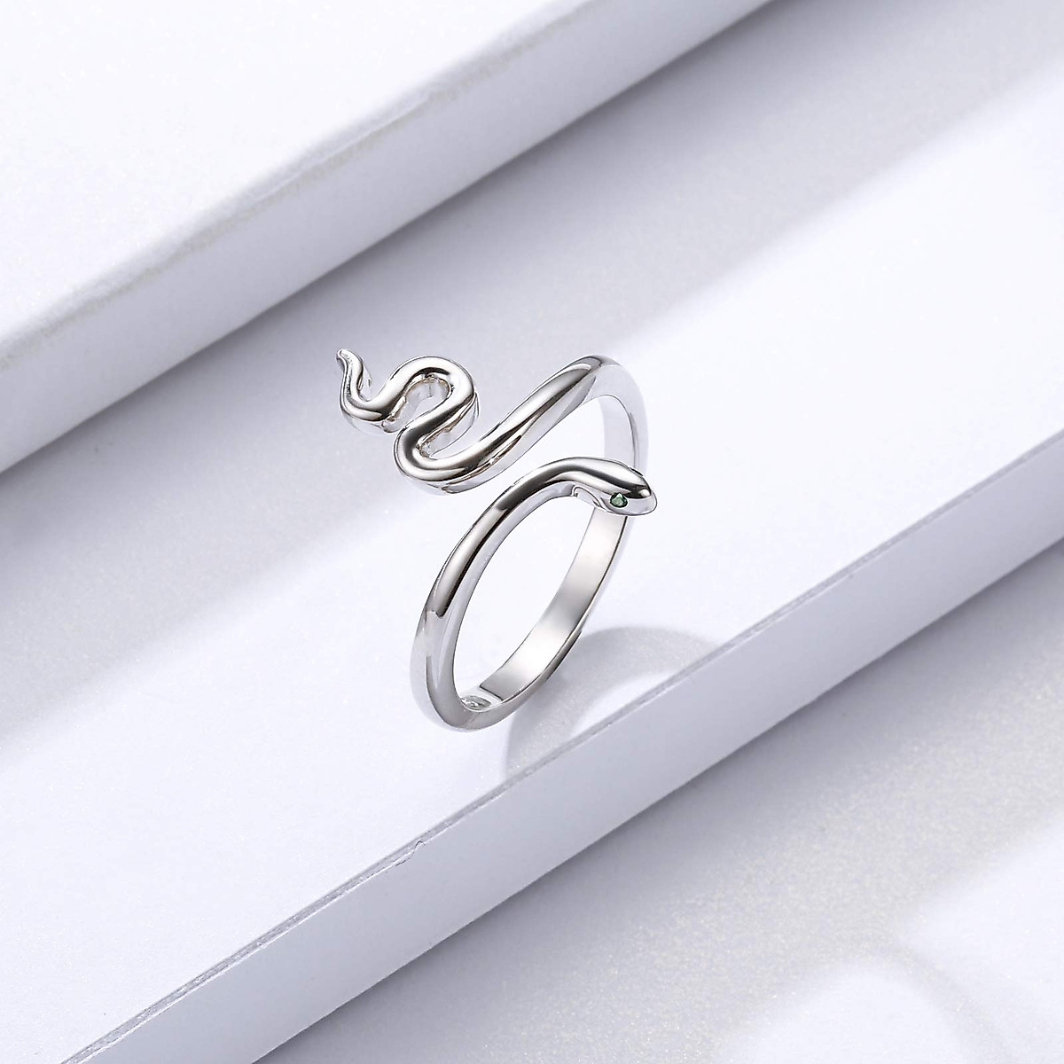 Mic Tai 925 Sterling Silver Snake Ring for Women Adjustable Thumb Jewelry Green Rings Gifts (Silver)