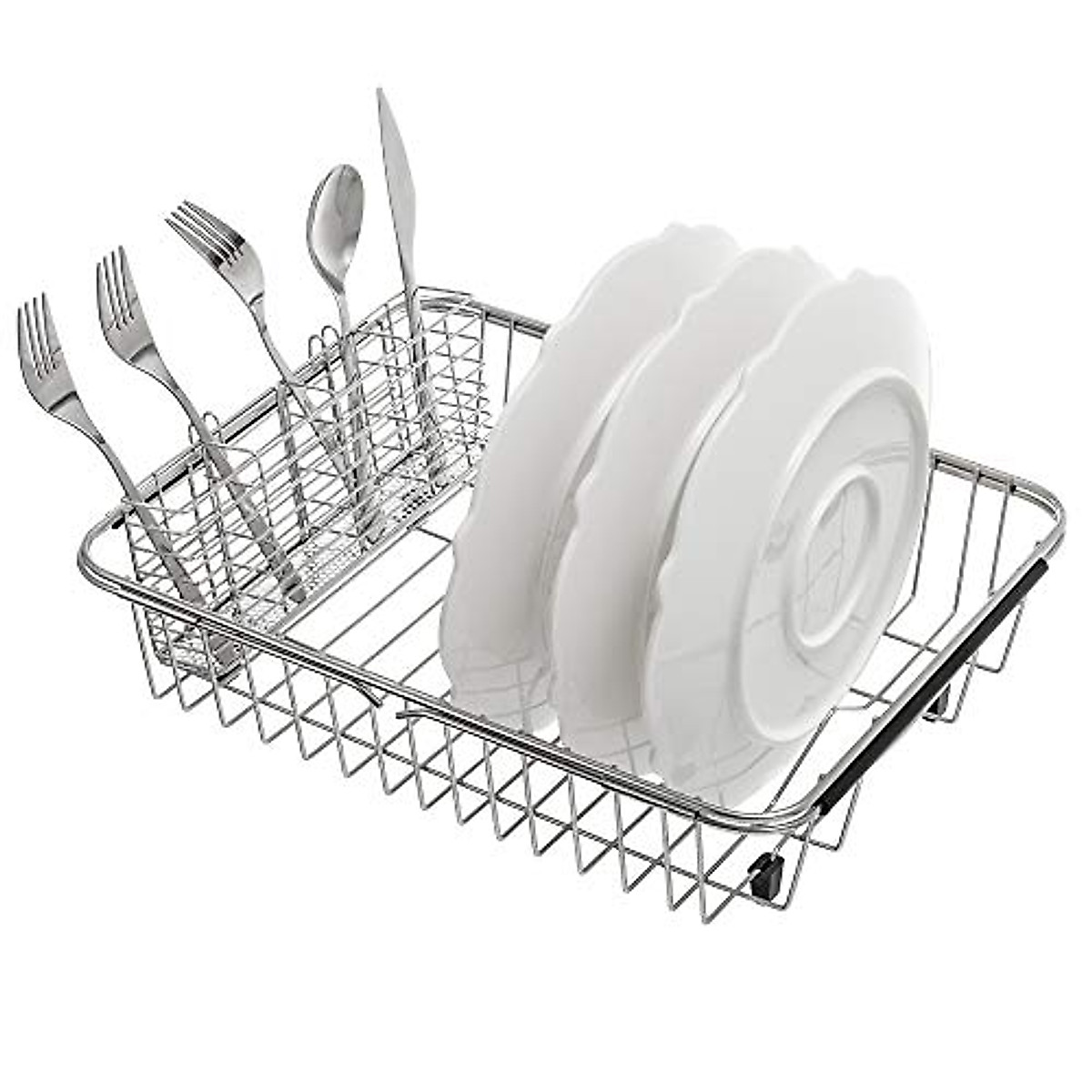 blitzlabs Dish Drying Rack Expandable Dish Drainer Rack Large Drain Dish Rack Shelf in Sink or Over Sink or On Counter Stainless Steel Dish Rack with Utensil Silverware Cutlery Holder