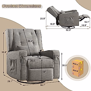 OPRISEN 360° Manual Swivel Recliner Swivel Rocker Recliner Chair for Nursery Overstuffed Wingback Glider Chair w/Side Pockets/Cup Holders (Beige)