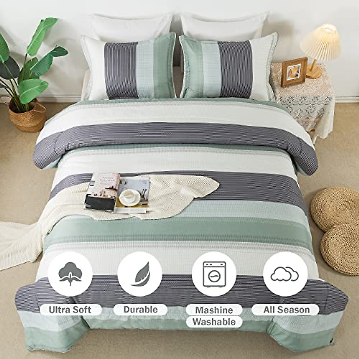 Litanika Queen Comforter Set Sage Green - 3 Pieces Lightweight Bedding Comforter Sets, Light Green White Colorblock Stripe Fluffy Bed Set, All Season Down Alternative