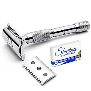 Raka Long Handle Double Edge Safety Razor for Men With Extra Free Open Comb - Twist to Razors, Along 10 stainless Steel Blades better shaving experience, silver, 12 Piece Set