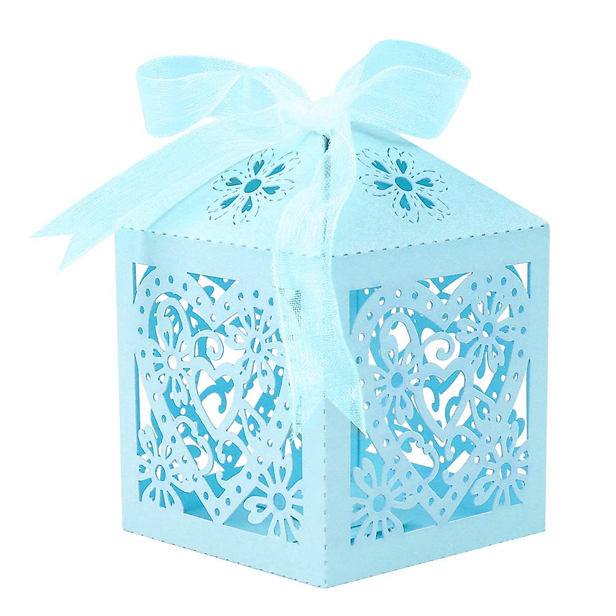 Lucky Monet 25/50/100PCS Love Heart Laser Cut Wedding Candy Gift Box Chocolate Box for Wedding Favor Birthday Party Bridal Shower with Ribbon (100pcs, Blue #01)