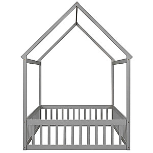 Harper & Bright Designs Grey House Bed Full Floor Bed with Fence Railings, Kids Wooden Full Size Montessori Bed Frame with Small Door for Kids, Fun Playhouse Beds, Full Size Bed Frame for Girls Boys