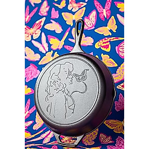 Lodge 10.25 Inch Dolly Parton Pre-Seasoned Cast Iron Stamped Skillet - Signature Teardrop Handle - Use in the Oven, on the Stove, on the Grill, or Over a Campfire, Black