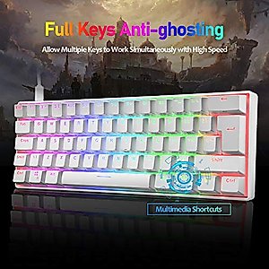 Mechanical Mini RGB Gaming Keyboard and Mouse Combo with Compact 62Key Layout Rainbow Backlight Anti-ghosting 6400DPI Honeycomb Mice Type-C Wired for PC Mac Gamer Laptop Typists DIY(White/Blue Switch)