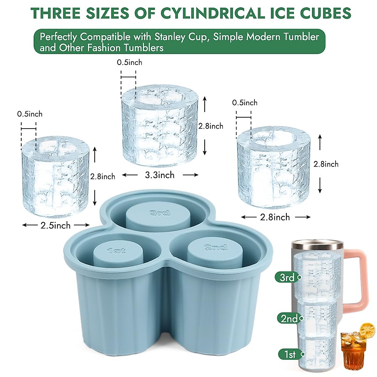 BYKITCHEN Large Ice Cube Mold for Stanley Cup, Silicone Ice Tray Compatible with 40Oz Stanley/Simple Modern & 30-40oz Tumbler, Big Cylinder Tumbler Ice Mold with Lid for Freezer, Whiskey, Cocktails