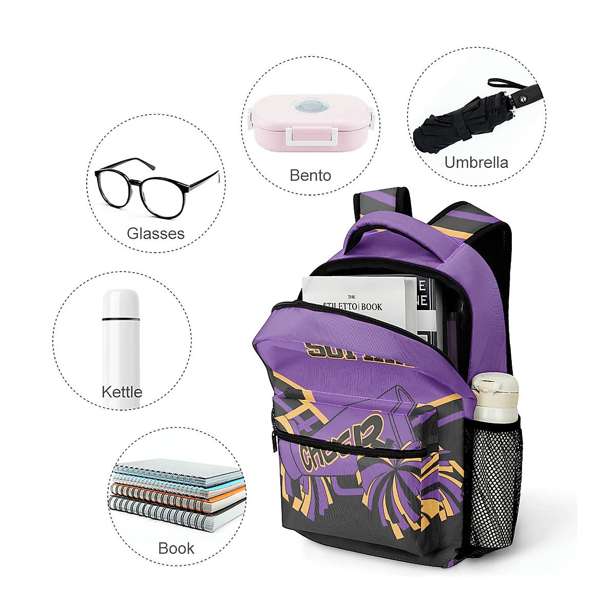 CUXWEOT Cheer Cheerleader Purple Gold Backpack Personalized Book Bag Sport Casual Hiking Camping Pack with Name