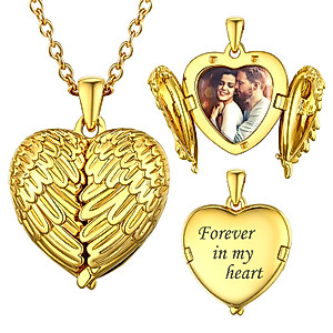 SILVERCUTE Heart Locket Necklace with 2 Photos Customized 18K Gold Plated Angel Wing Lockets Pendant Personalized Picture Jewelry for Women