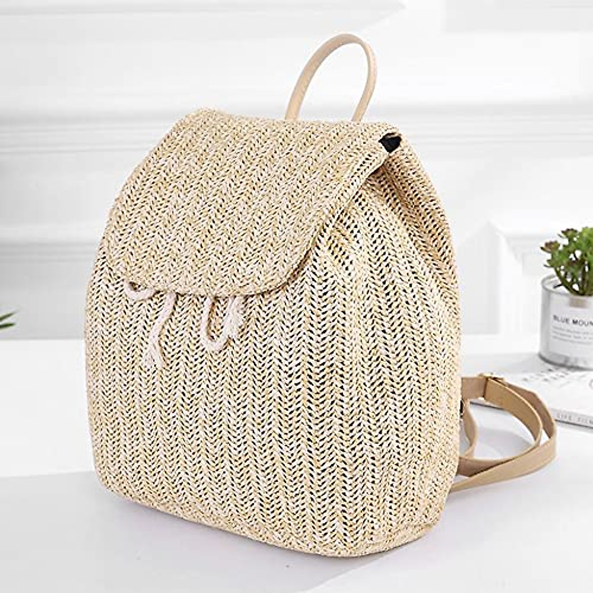 Felice Ann Women Medium Straw Woven Backpack Flap Drawstring Daypack