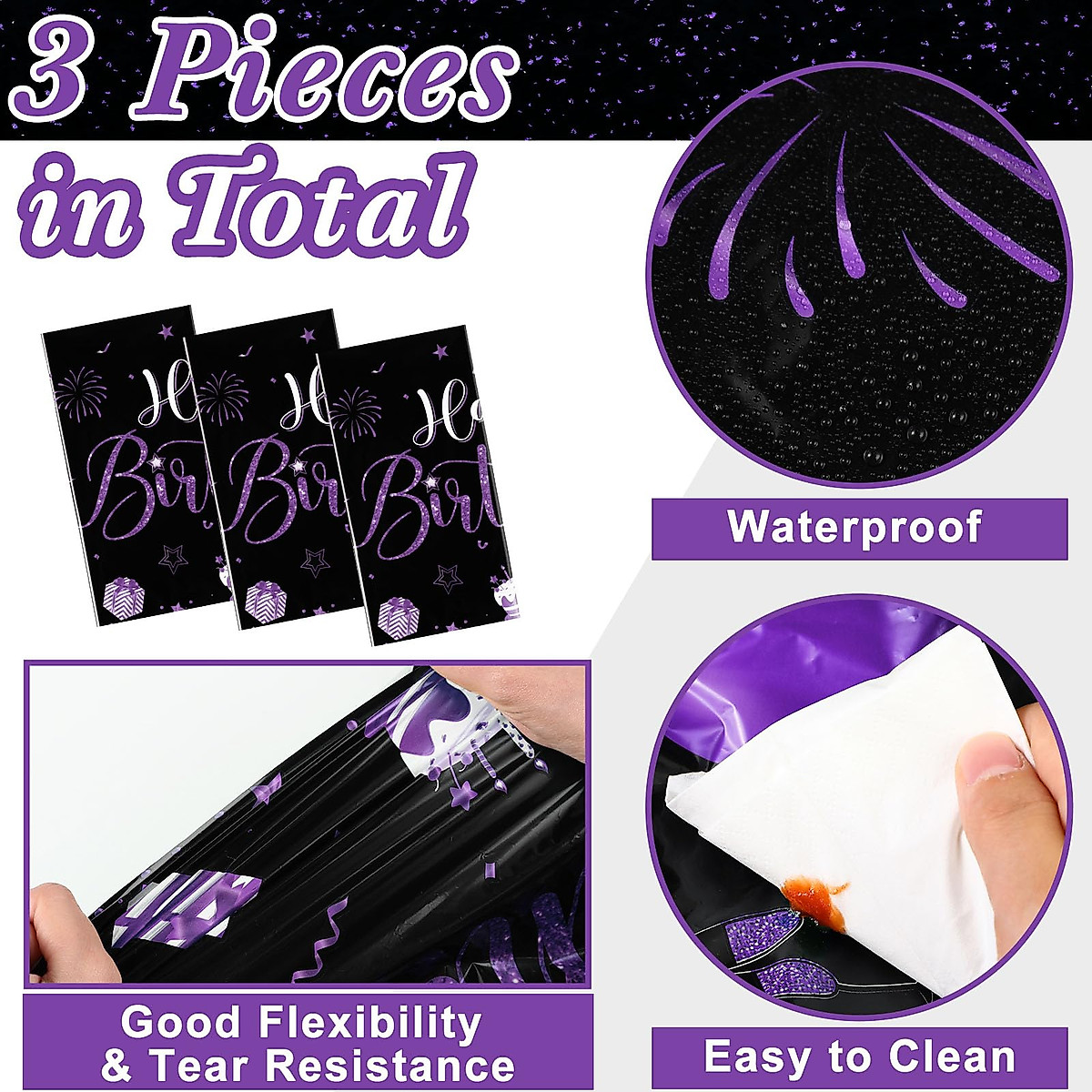 Tudomro 3 Pcs Happy Birthday Tablecloths Happy Birthday Decorations Plastic Table Cover Rectangular Cloths for Women Men Baby Shower Birthday Party Supplies, 108 x 54 Inch (Black Purple)