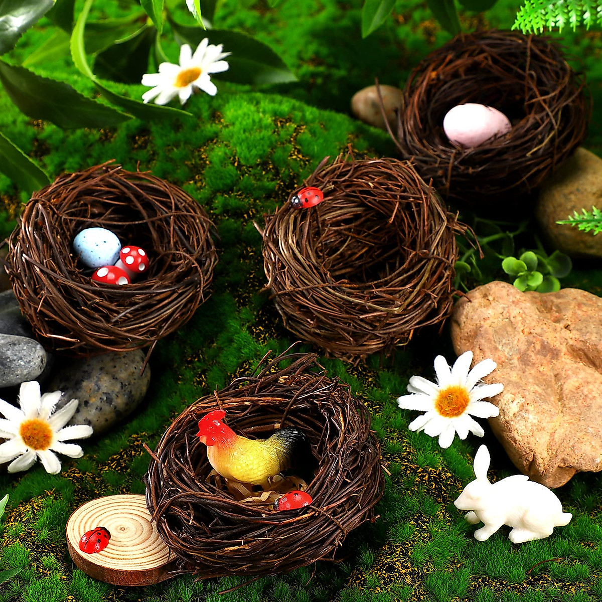 12 Pcs Artificial Bird Nest Easter Handmade Natural Rattan Bird Nests for Easter Garden Yard Home Crafts Party Wedding Patio Succulent Planter DIY Terrarium Moss Landscape (2.36 Inch)