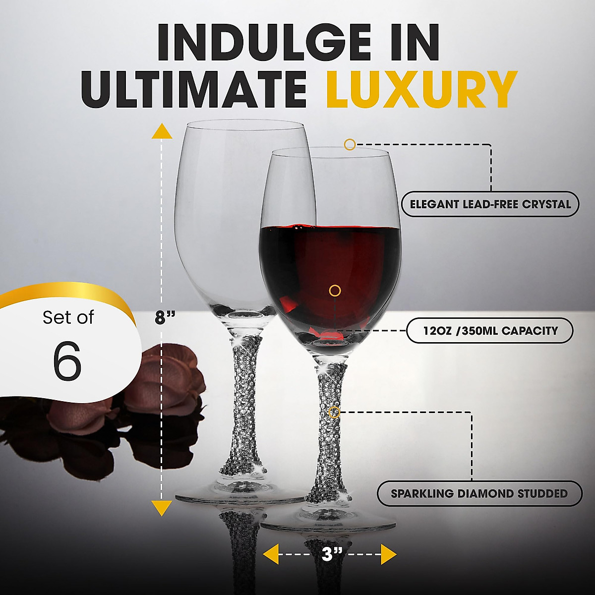 BERKWARE Premium Wine Glasses Set of 2 - Crystal Long Stem Wine Glass with Silver Rhinestone Stem Design - 12 oz