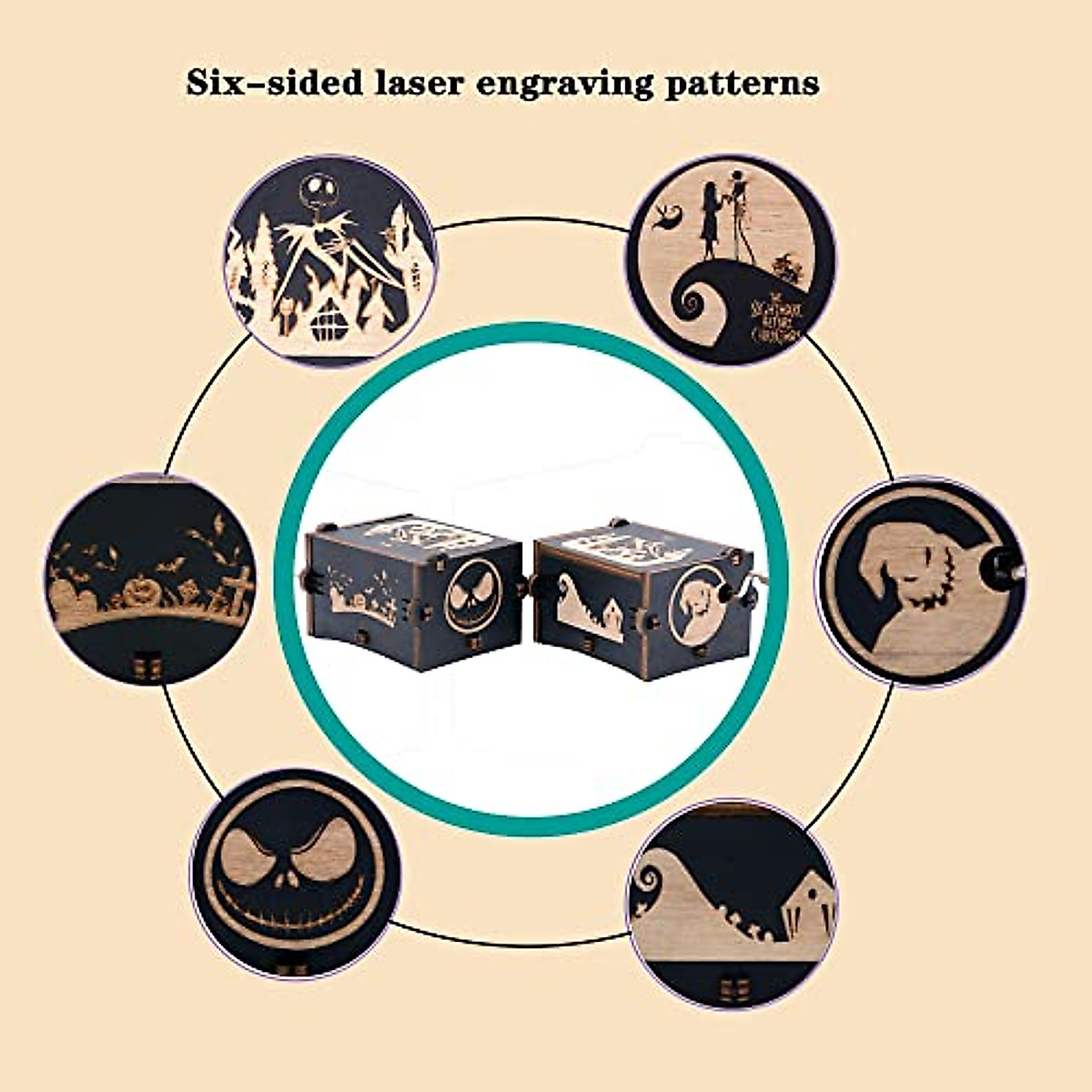 CORACIK Music Box The Nightmare Before Christmas Laser Engraved Wooden Hand-cranked Musical Box for Halloween Christmas - Plays This is Halloween