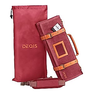 DEQIS Knife Roll Chef Waxed Canvas Bag Storage 13 Slots and 1 Large Zipper Pocket Carry Shoulder Strap Handle and Name Card Professional Folding Cooking Tools Case Organizer,Knives Not Included,Red