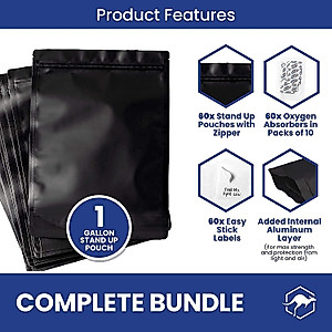 15x Silver 5 Gallon Wallaby Mylar Bag - (5 Mil) + 60 Black Mylar Bag Bundle - 1 Gallon Stand-Up Zipper Pouches - (7.5 Mil-10’’x14’’), Oxygen Absorbers, Labels - Resealable Zipper, Heat Seal, FDA Grade