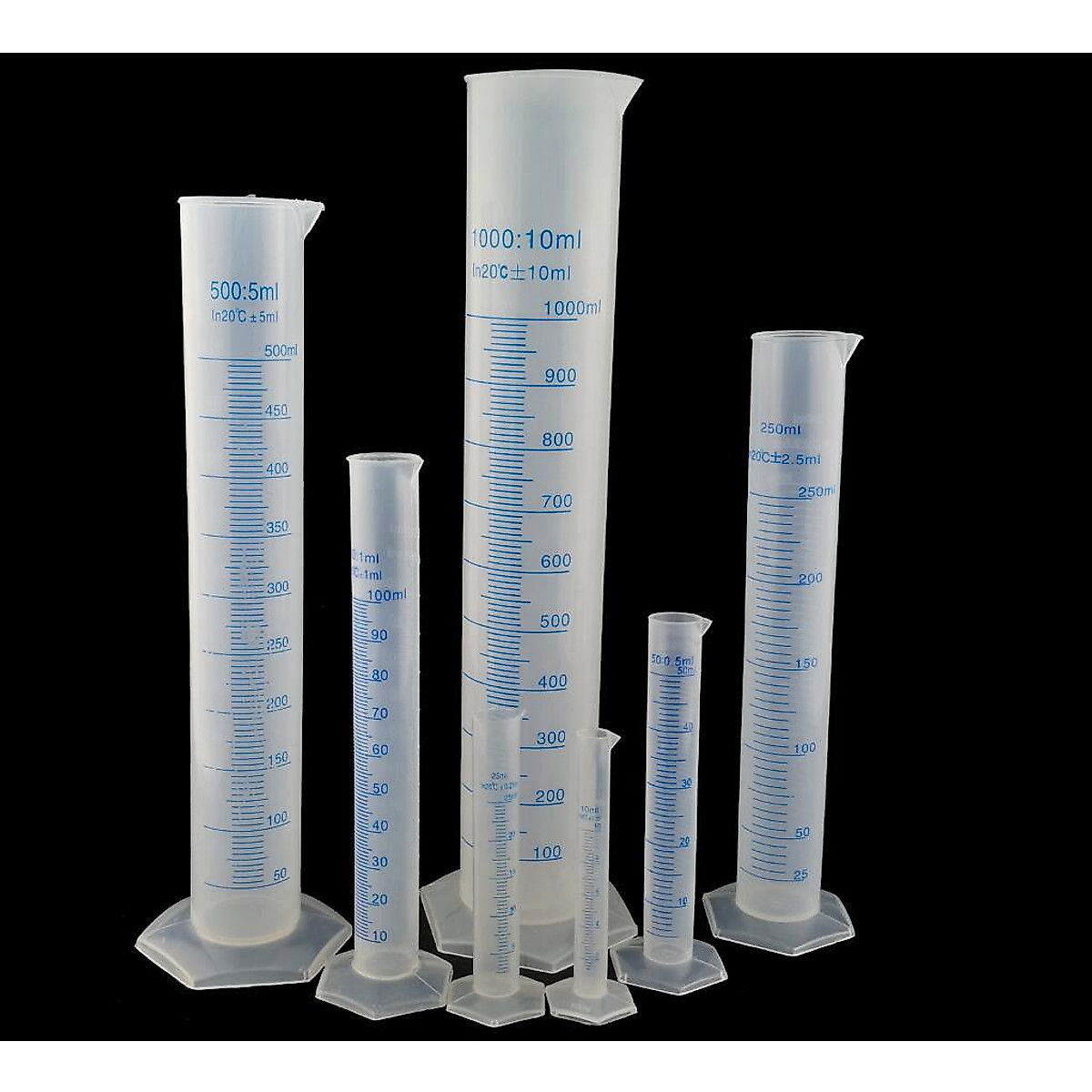 Plastic Transparent Blue Line Liquid Graduated Measuring Cylinder Lab Test Tube 10ml /25ml /50ml /100ml/ 250ml /500ml / 1000ml Pack Of 7