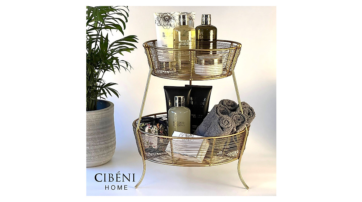 CIBENI Gold 2-Tier Fruit Basket Stand - Handcrafted Kitchen
