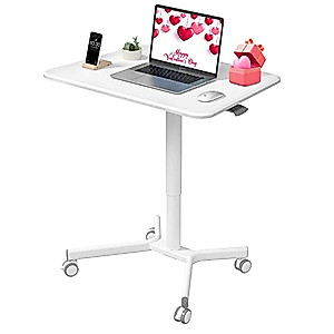 JYLH JOYSEEKER Mobile Standing Desk, 28 inch Height Adjustable Rolling Laptop Desk, Pneumatic Sit Stand Desk with Lockable Wheels, Portable Desk Workstation for Home Office, White