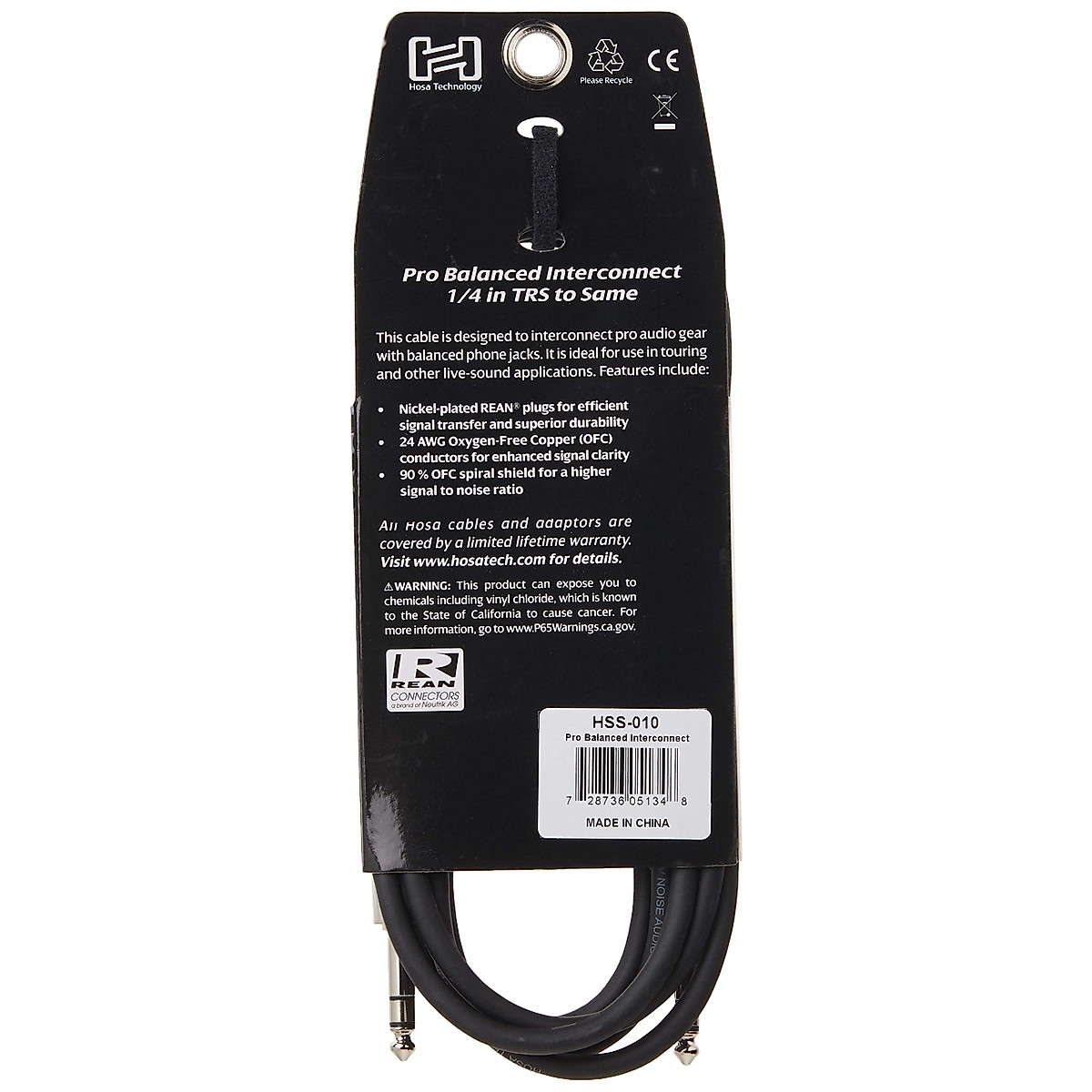 Hosa HSS-010 REAN 1/4" TRS to REAN 1/4" TRS Pro Balanced Interconnect, 10 Feet, Speaker