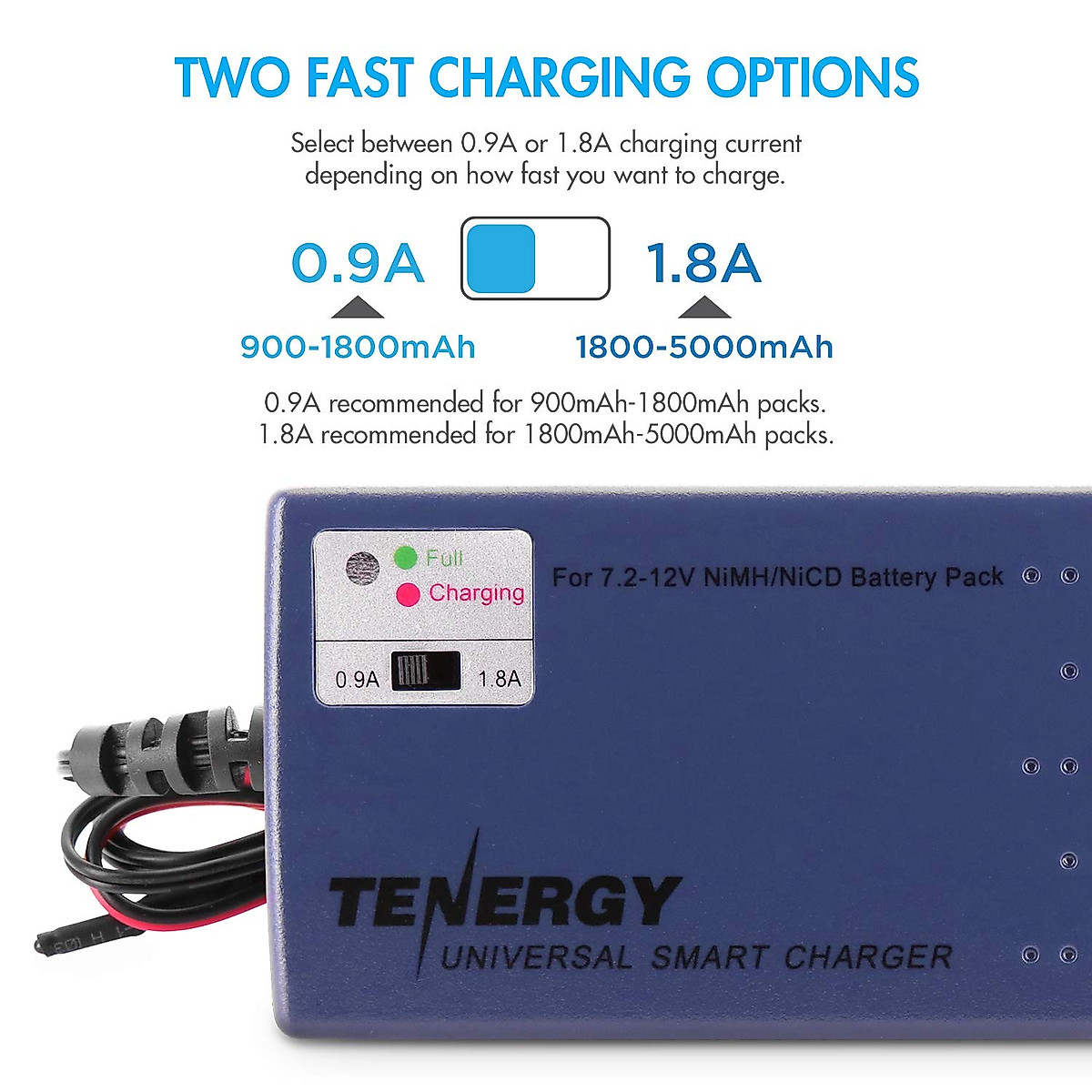 Tenergy RC Battery Charger for NiMH/NiCd 7.2V-12V 6S-10S Battery Packs, Smart Charger for RC Cars, RC Airplanes, Airsoft Batteries, Compatible with Standard Tamiya/Mini Tamiya/Alligator Clip Connector