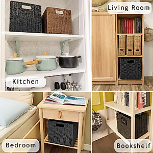 Foneso Wicker Storage Baskets, Black Storage Cubes Set of 2 Hand-Woven with Handle Foldable Large Wicker Baskets Bins for Laundry Room Living Room Shelves Organizing