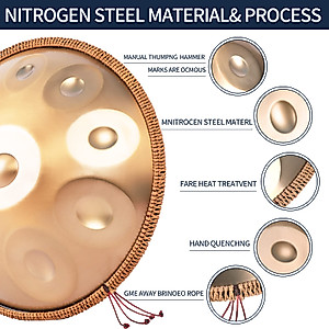 Handpan Drums Sets AETOO D Minor 22 inches 10 notes Steel Hand Drum with Soft Hand Pan Bag, 2 handpan mallet,Handpan Stand (Gold)